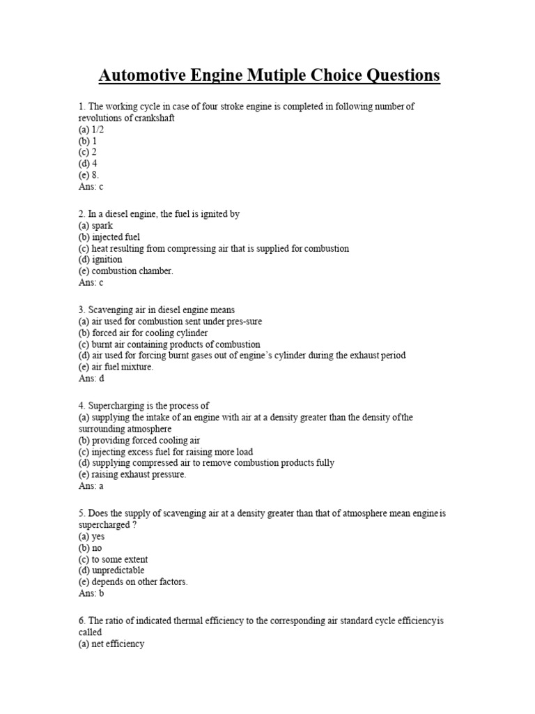 4th Sem-Automotive Engine MCQ | PDF | Internal Combustion Engine ...