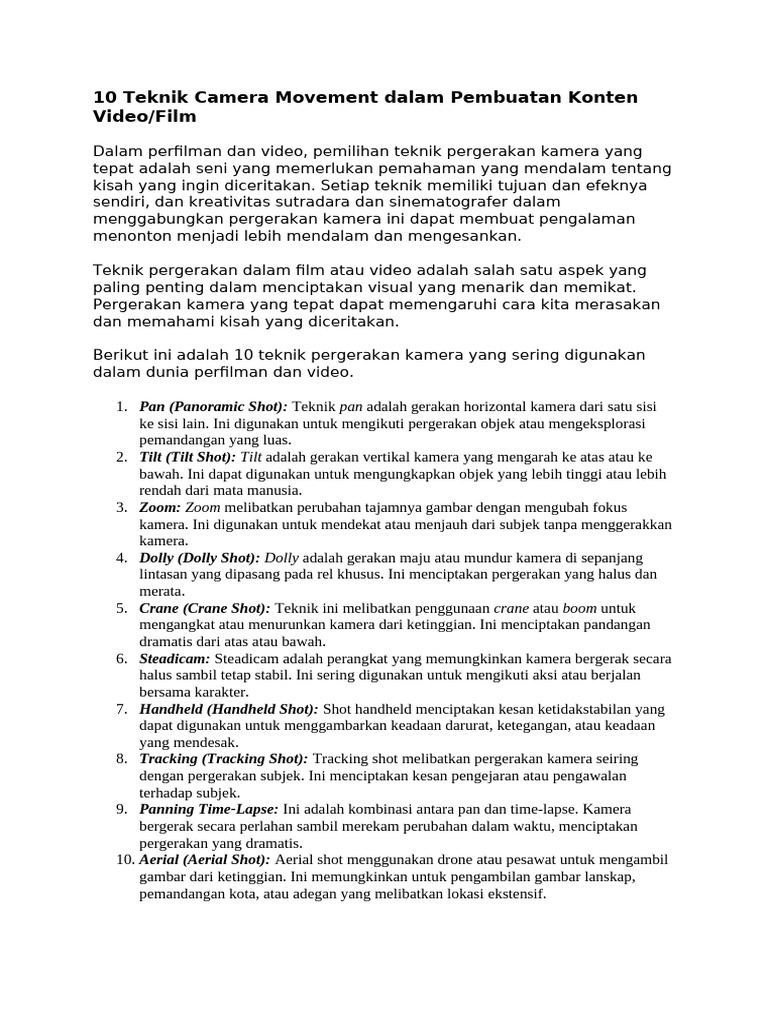 10 Teknik Camera Movement Dalam Pembuatan Konten Video | PDF