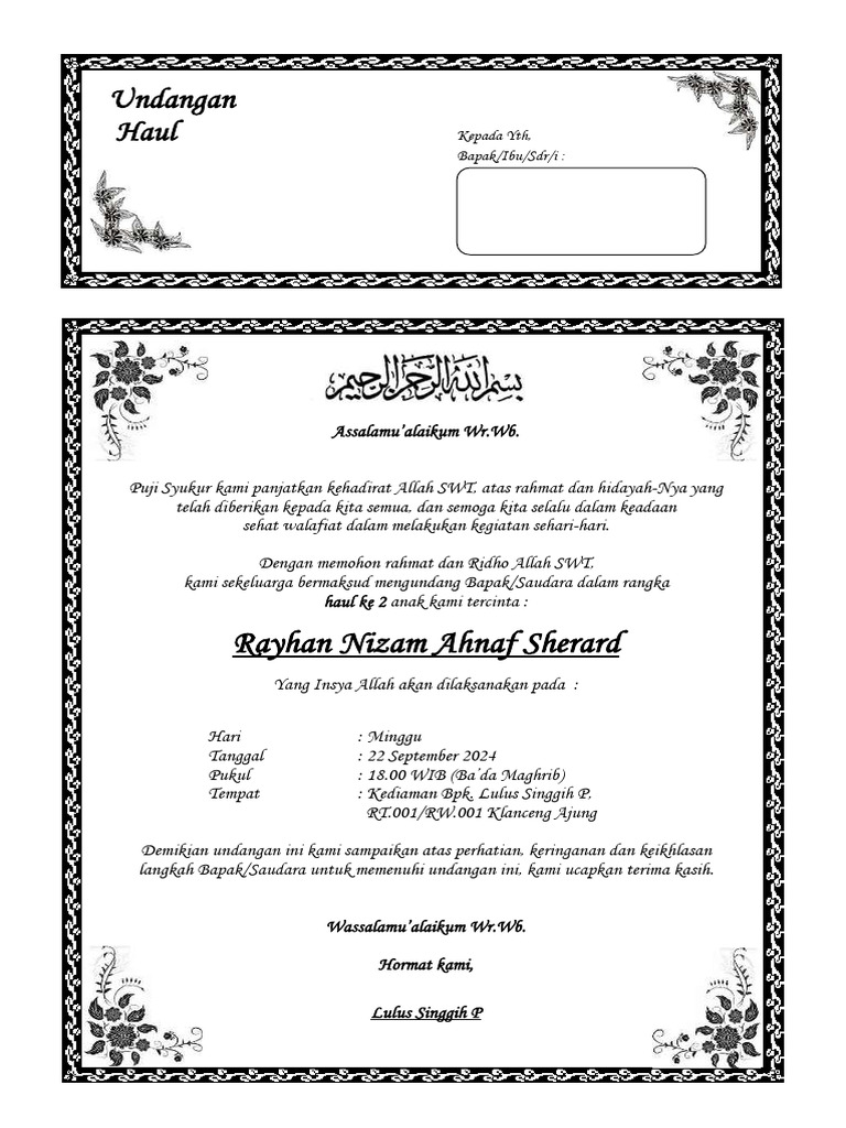 Undangan Haul Rayhan Nizam 2024 | PDF