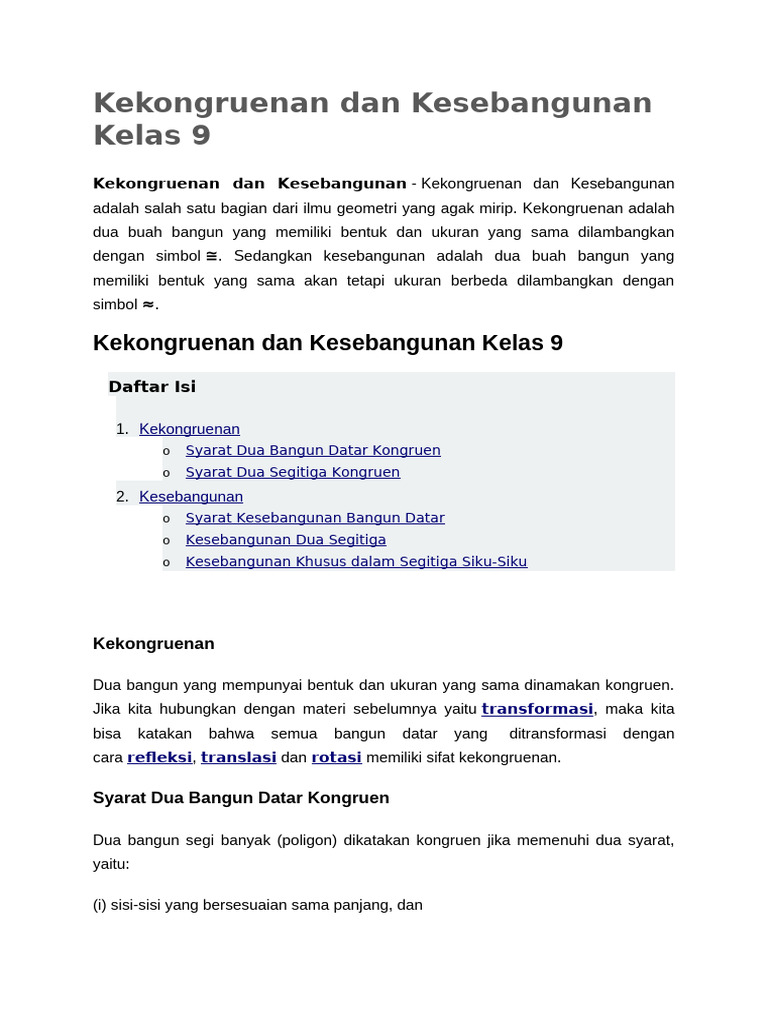Kekongruenan Dan Kesebangunan Kelas 9 | PDF