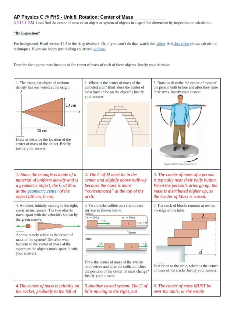 Center of Mass Google Classroom Assignment KEY | PDF | Center Of Mass ...