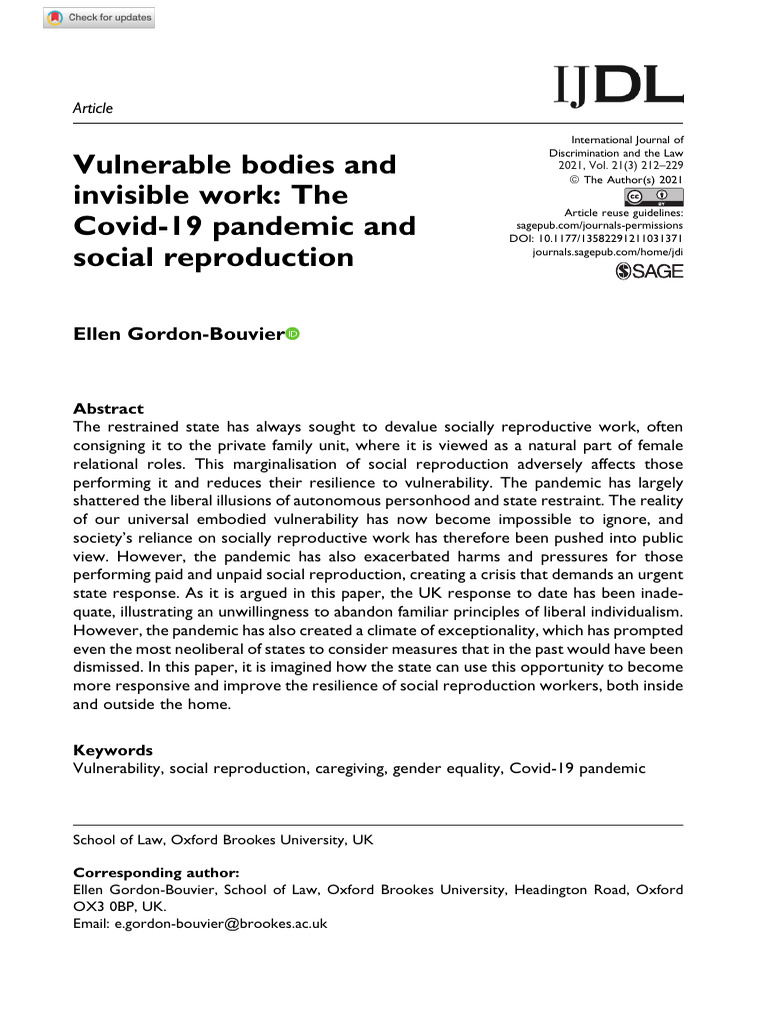 Gordon Bouvier 2021 Vulnerable Bodies and Invisible Work The Covid 19 Pandemic and Social ...