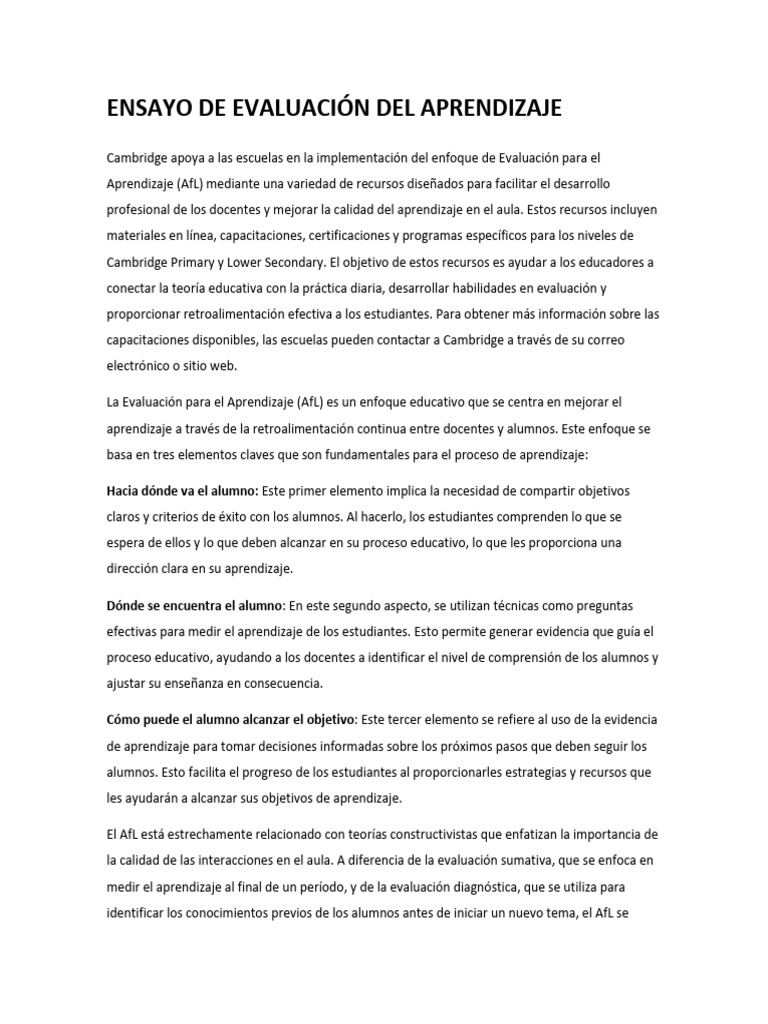 Ensayo de Evaluación Del Aprendizaje | PDF | Evaluación | Enseñando