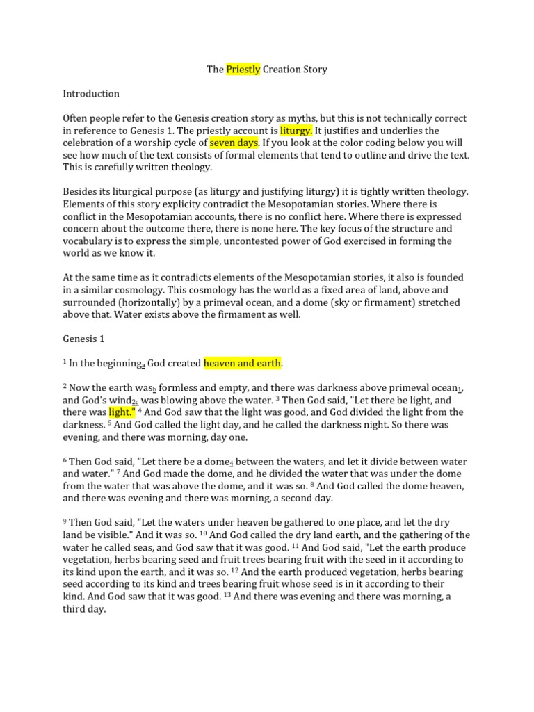 Summary of the Priestly Creation Story | PDF | Genesis Creation ...