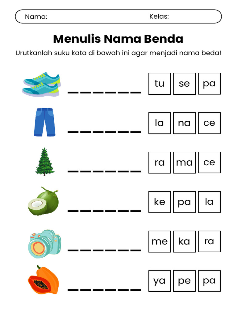 Menulis Nama Benda Worksheet Hitam Dan Putih Gaya Ilustratif | PDF