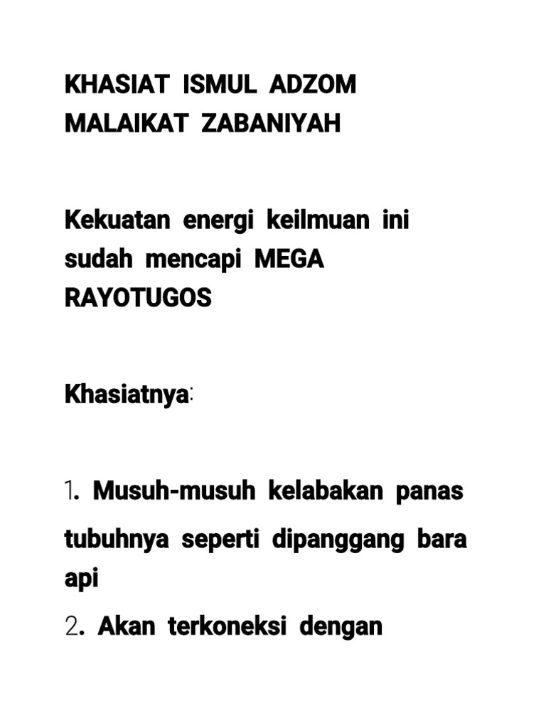 Khasiat Ismul Adzom Nalaikat Zabaniyah | PDF | Agama & Spiritualitas