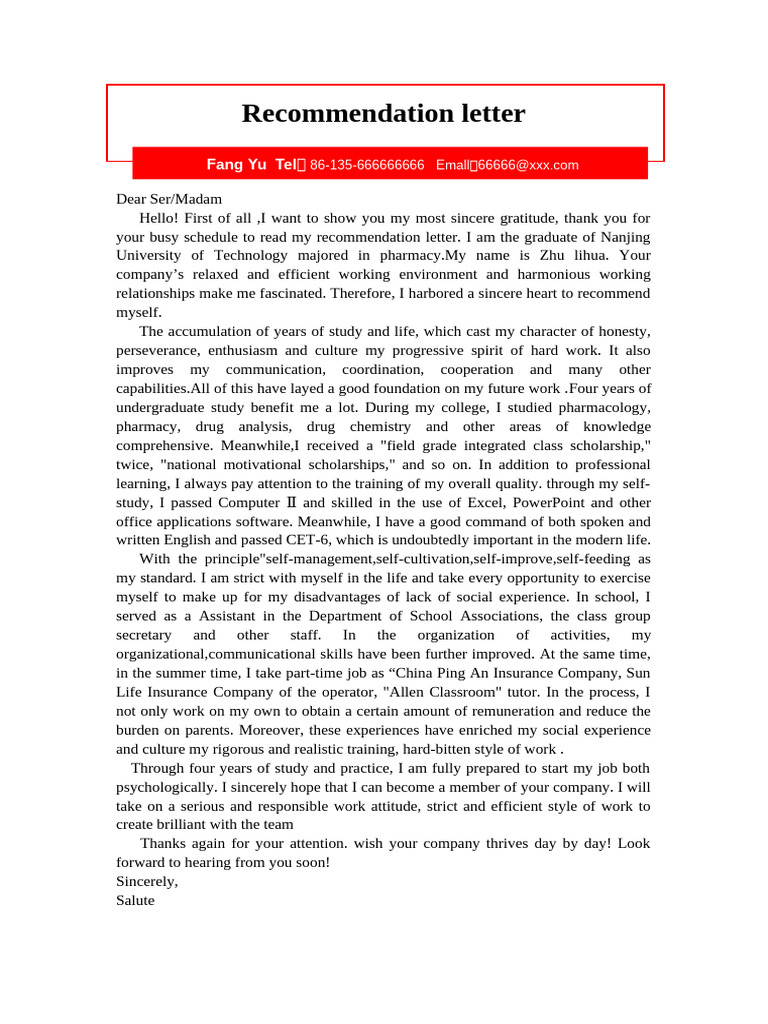 Simple Recommendation Letter-WPS Office | PDF | Behavior Modification | Learning