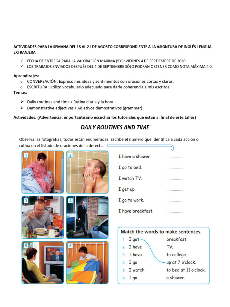 Taller 4 de Inglés 6 2 Ruinas La Hora y Los Adjetivos Demostrativos 1 ...