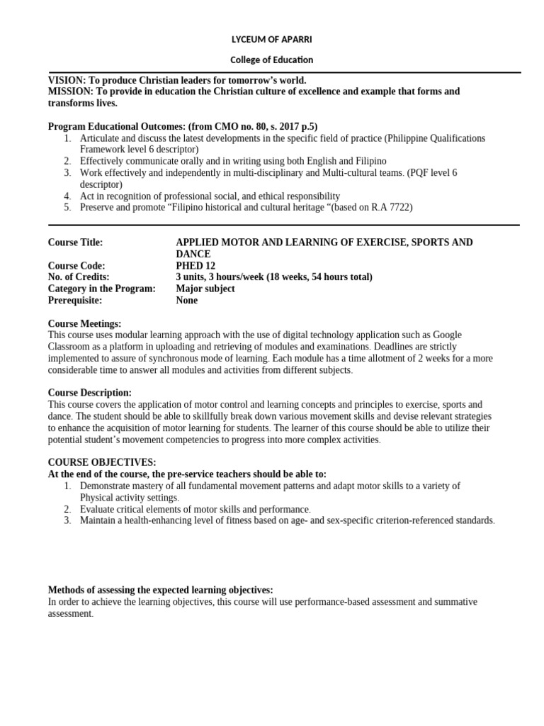 Applied Motor Outline | PDF | Learning | Evaluation