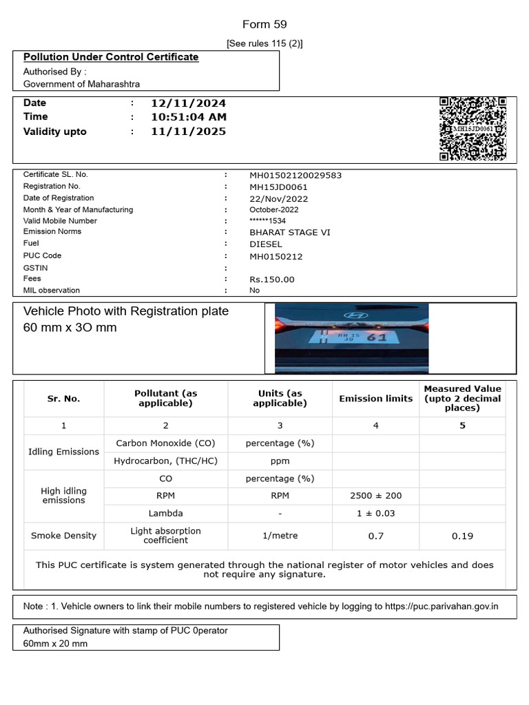 Puc Certificate New 0061 | PDF | Exhaust Gas | Atmosphere Of Earth