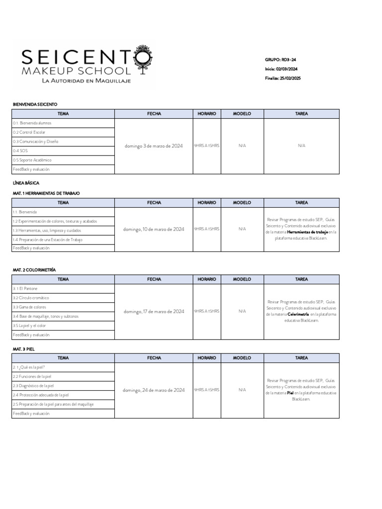 Calendario de Clases, Grupo y Modelo Rd3-24 | PDF | Productos cosméticos | Belleza
