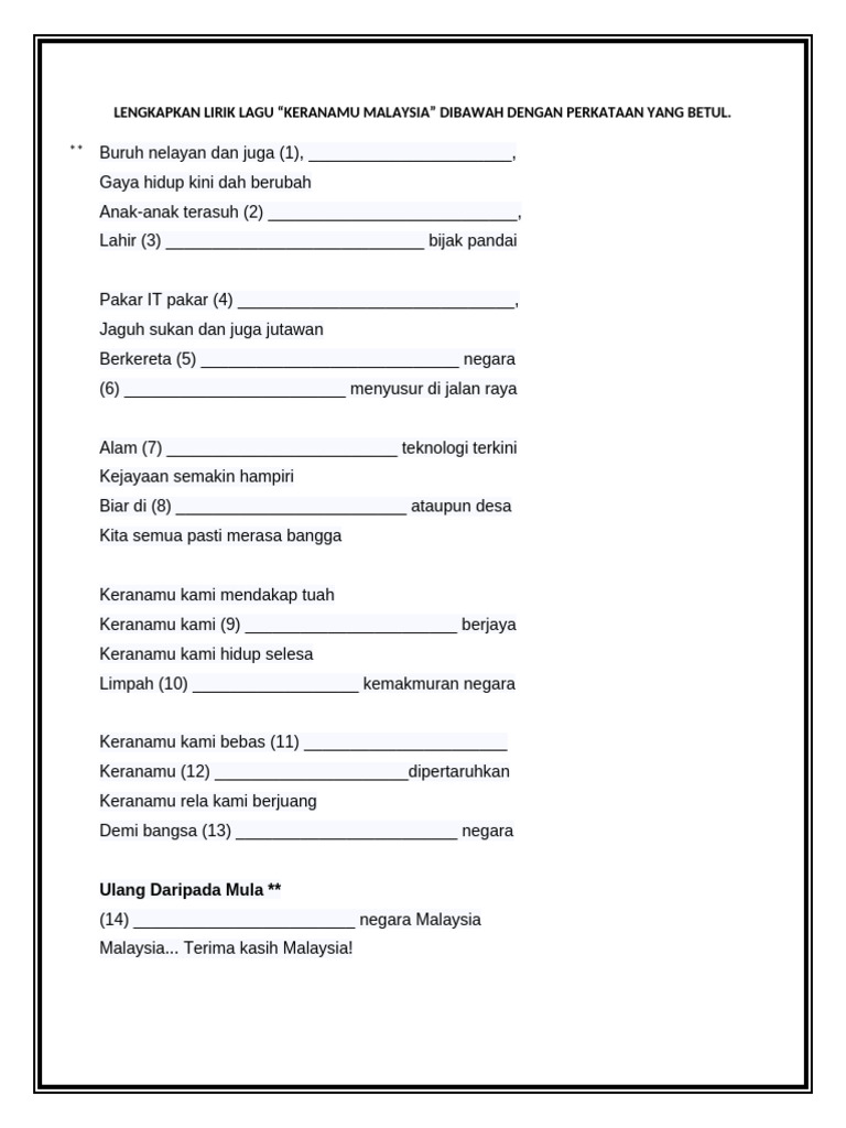 LENGKAPKAN LIRIK LAGU Keranamu Malaysia Tahun 6 | PDF