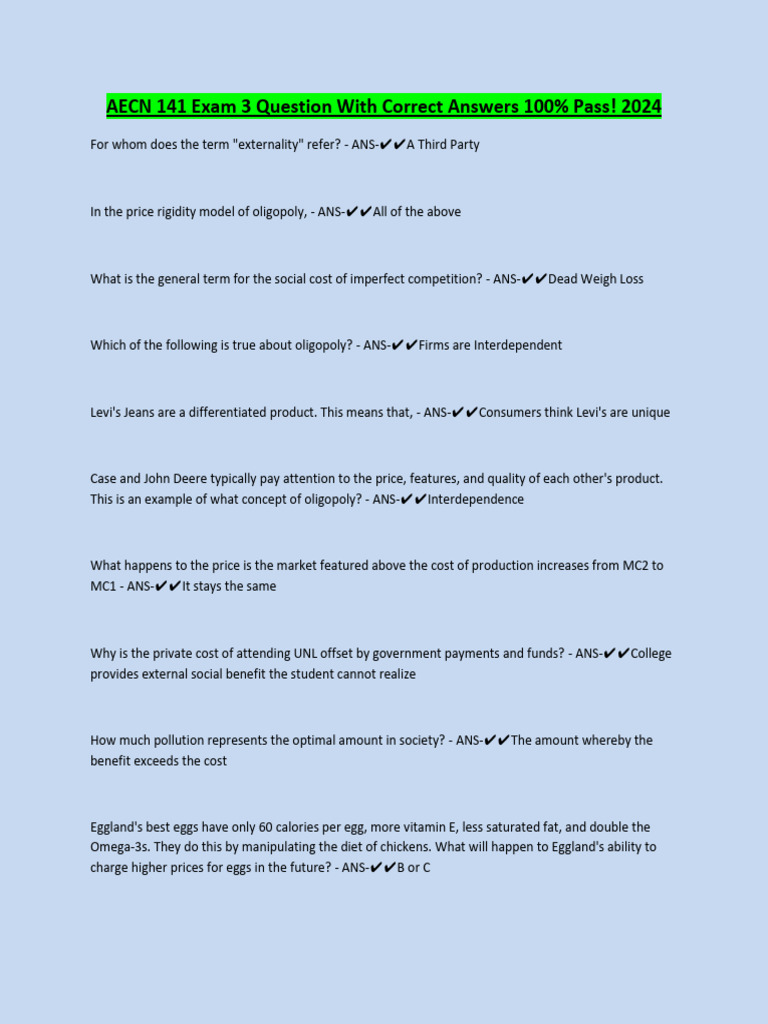 AECN 141 Exam 3 Question With Correct Answers 100% Pass! 2024 | PDF ...