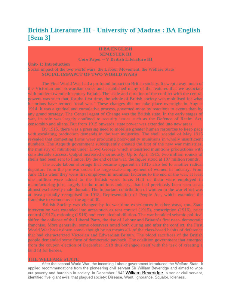 British Literature III Madras | PDF | Welfare | Welfare State