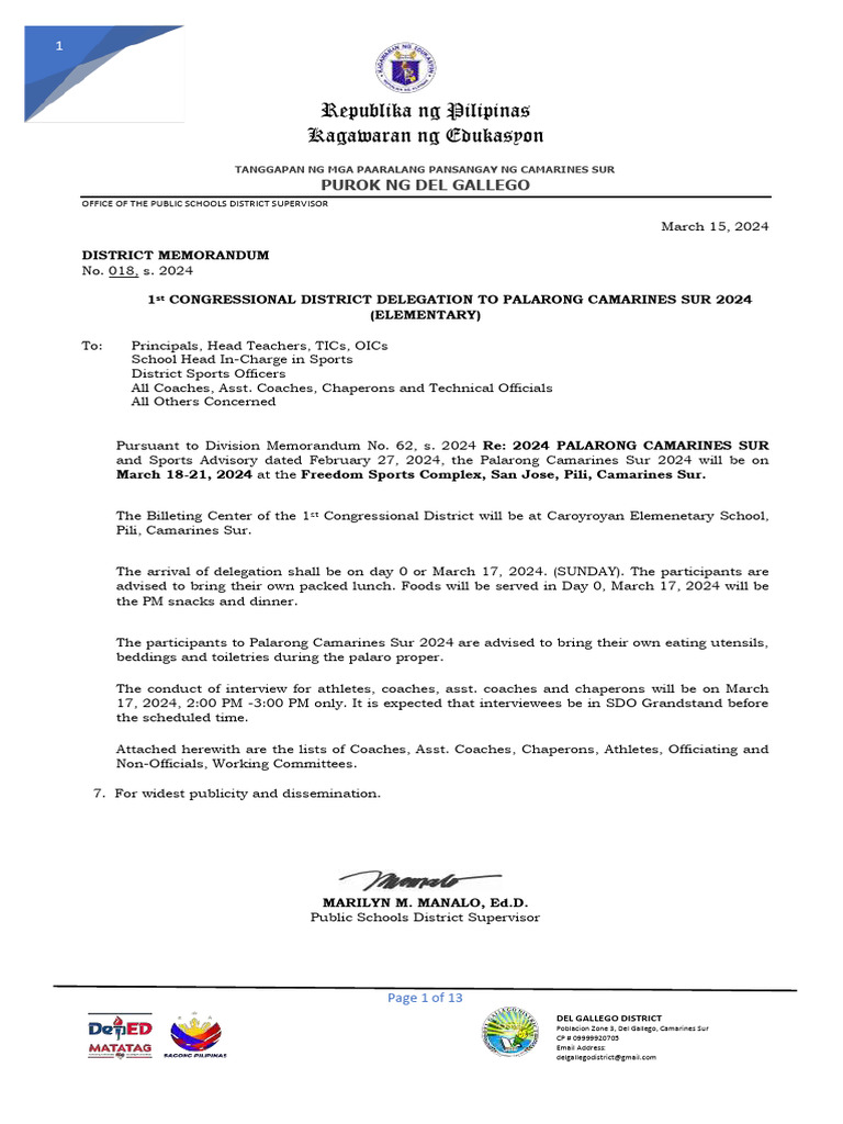 18 Memo 1st Cong. Delegation To Palarong Cam. Sur | PDF
