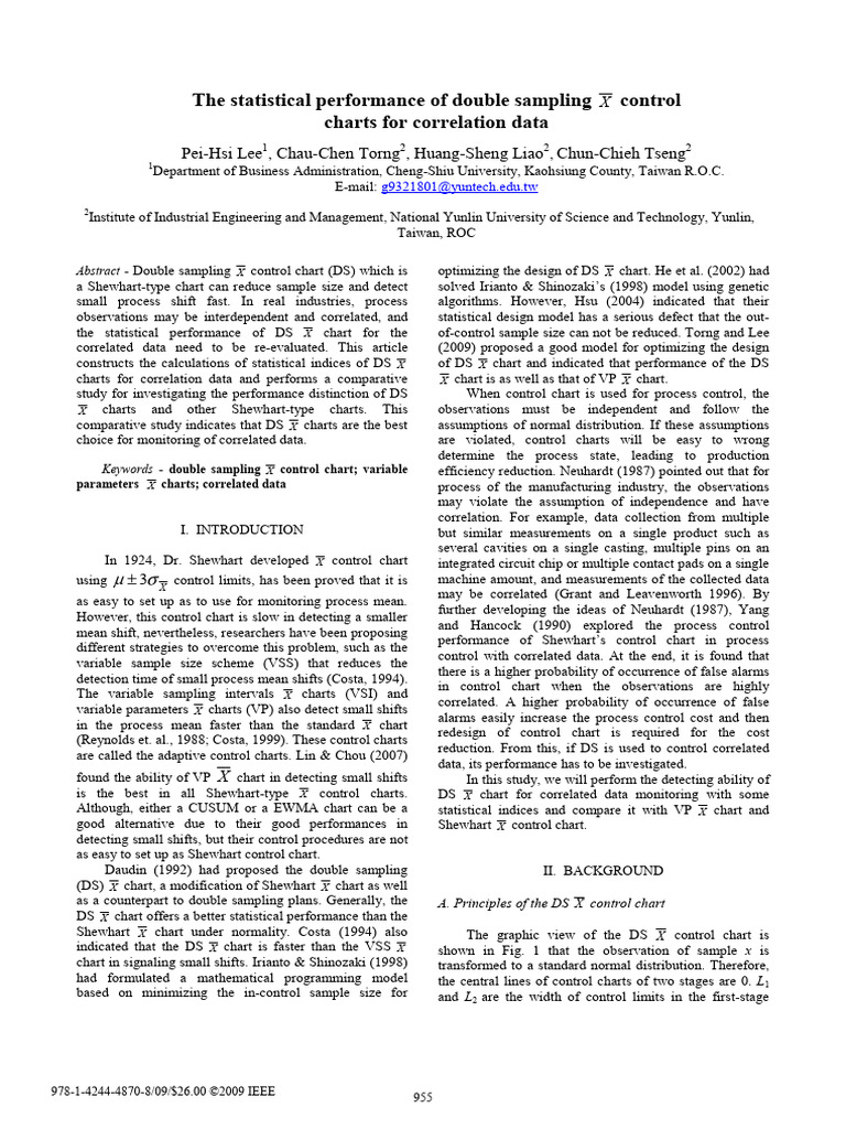The Statistical Performance Of Double Sampling X Bar Control Chart For Corelation Data Pdf