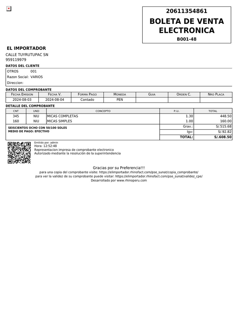 Boleta de Venta Electronica: B001-48 El Importador | PDF