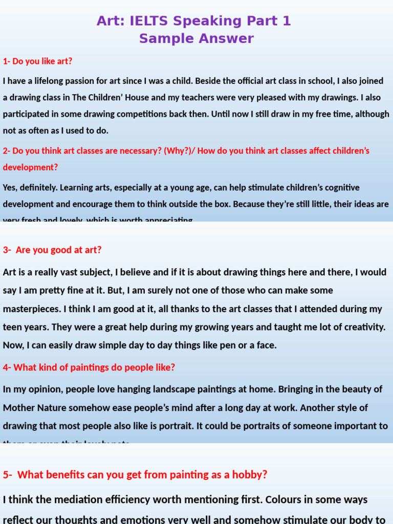 IELTS Speaking Test Part 1 - Arts | PDF | Still Life | Visual Arts