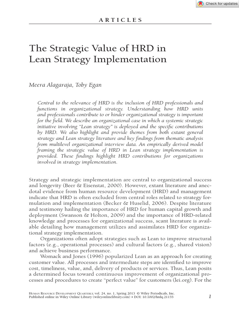 Human Resource Dev Quarterly - 2013 - Alagaraja - The Strategic Value of HRD in Lean Strategy ...