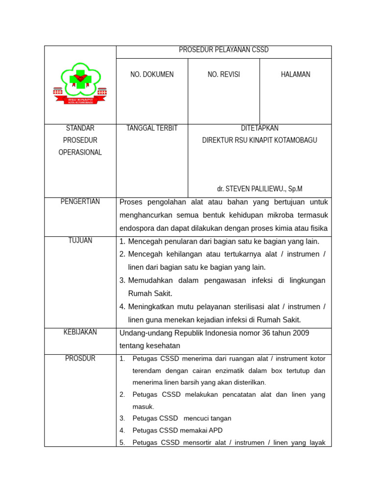 Prosedur Pelayanan CSSD | PDF