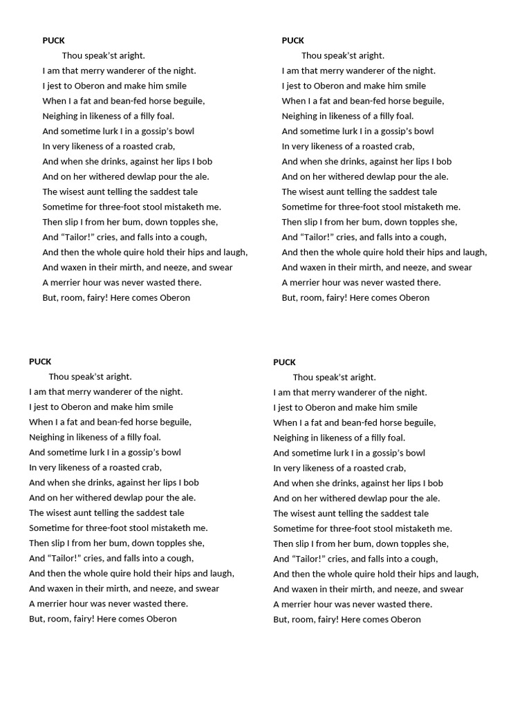 Puck-Intro-Speech (A Midsummer Night's Dream) | PDF | Fairies | A ...