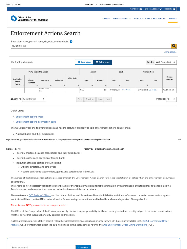 2023-05-21 - ''MERSCORP - Inc'' - Table View - OCC - Enforcement ...