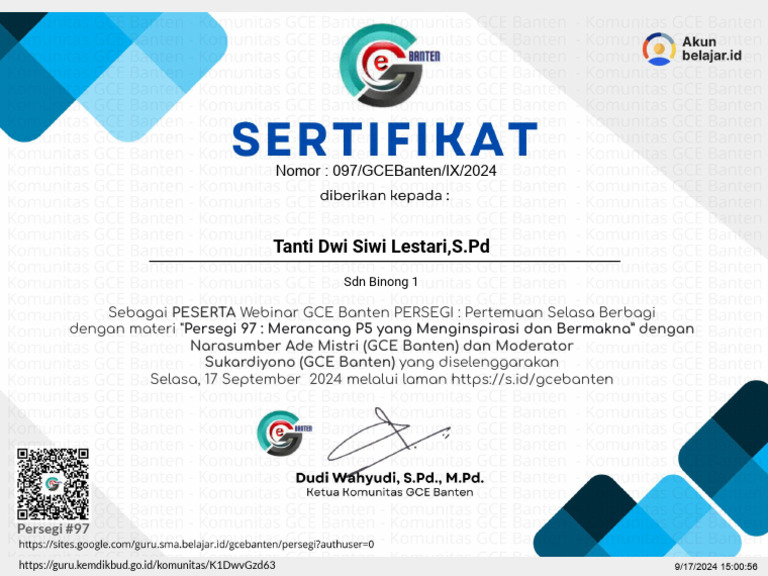 Sertifikat Persegi 97 Tanti Dwi Siwi Lestari, S.PD | PDF