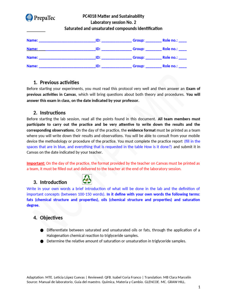 Laboratory No. 2 - Saturated and Unsaturated Compounds Identification - EM2023 | PDF | Fat ...