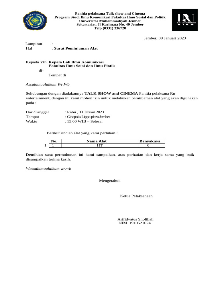Surat Peminjaman Alat Laboratorium | PDF