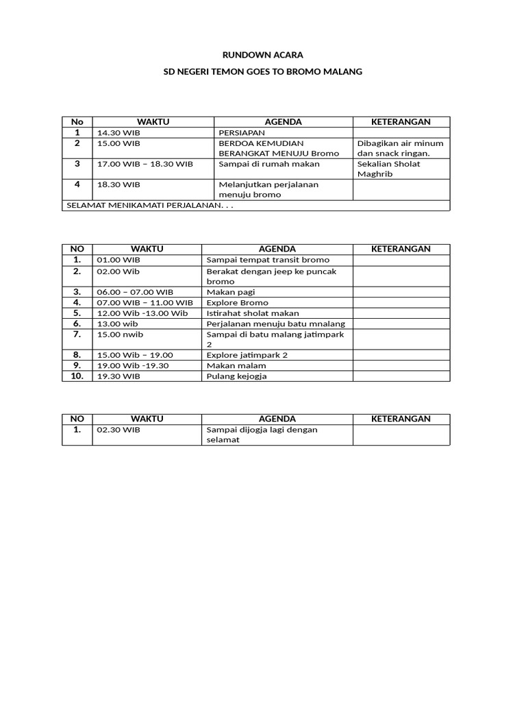 Contoh Rundown Acara Wisata / Piknik | PDF | Memasak, Makanan, & Anggur