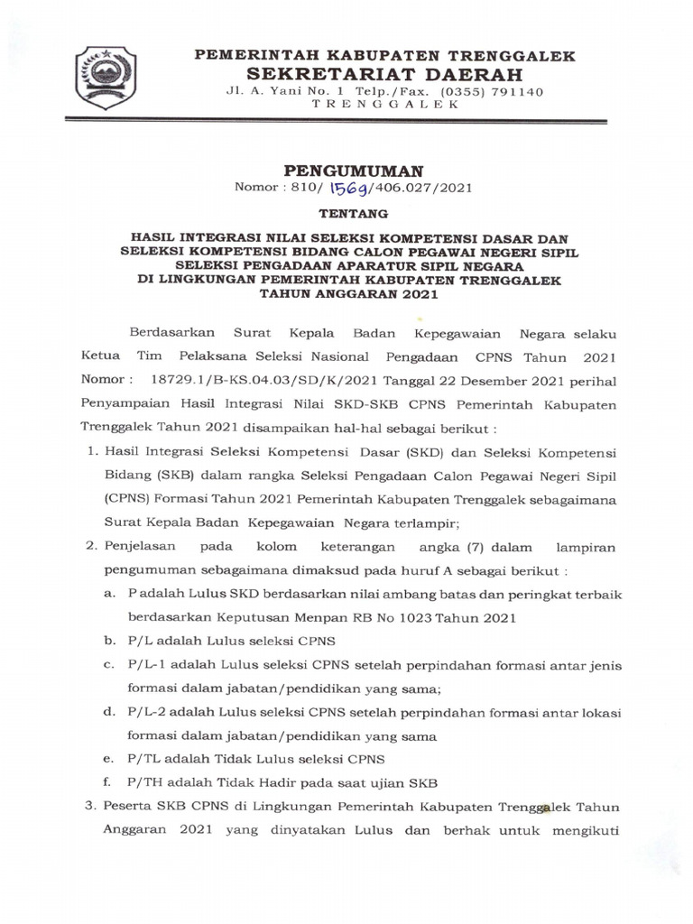 Pengumuman Hasil Integrasi Nilai SKD-SKB 2021-Trenggalek | PDF