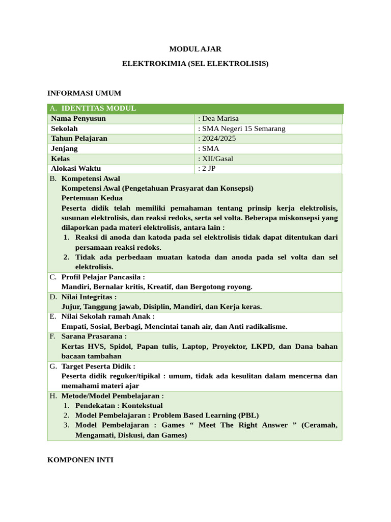 MODUL AJAR SEL ELEKTROLISIS - Pertemuan2 - Dea Marisa | PDF