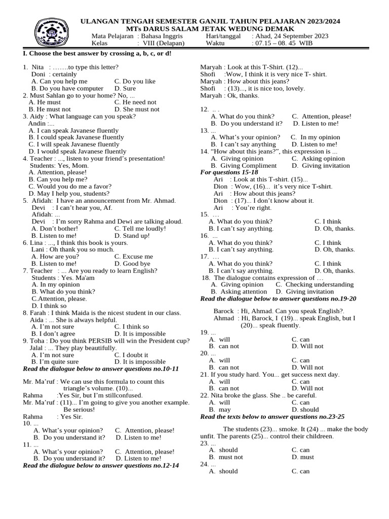 UTS B. Inggris 8 Ganjil 2023 | PDF | Grammar | Linguistics