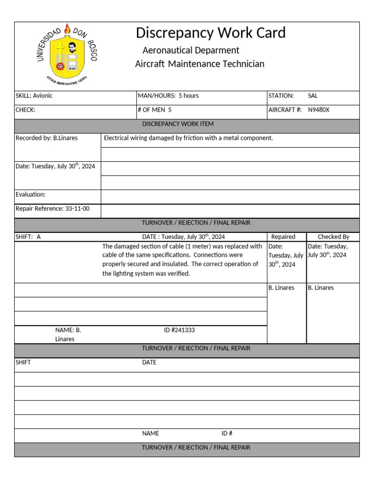 Discrepancy Work Card UDB BRNDON | PDF