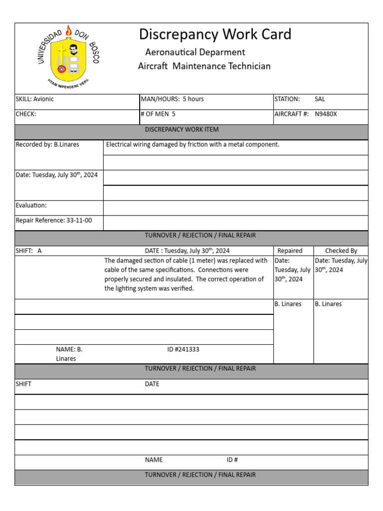 Discrepancy Work Card UDB BRNDON | PDF