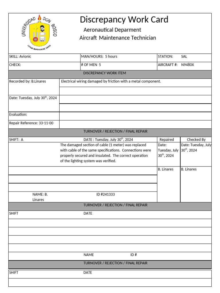 Discrepancy Work Card: Aeronautical Deparment Aircraft Maintenance ...