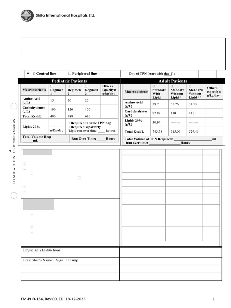 Total Parential Nutrition TPN Ordering Form | PDF | Pharmacy | Nutrition