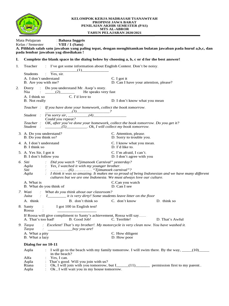 Soal PAS B.Ing Kelas 8 | PDF