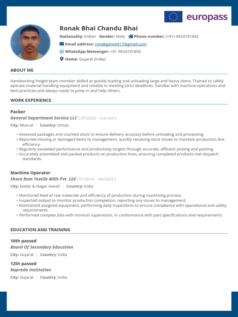 Ronak Bhai Chandu Bhai - CV | PDF | Warehouse