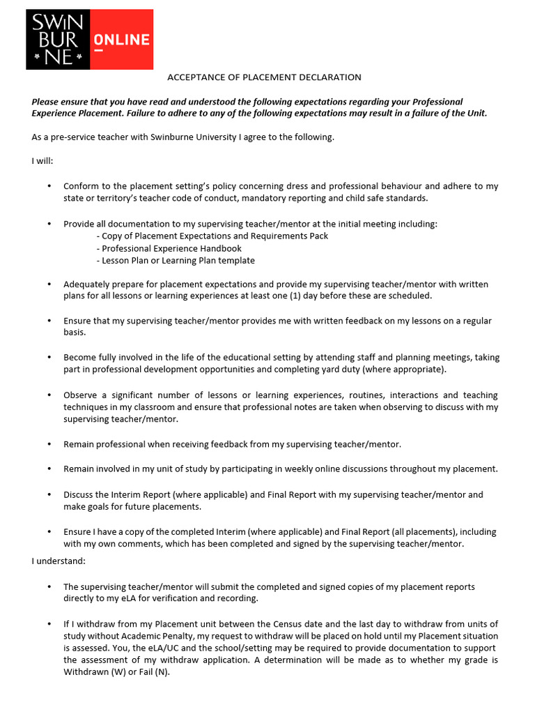 Placement Declaration for Pre-Service Teachers | PDF | Teachers ...