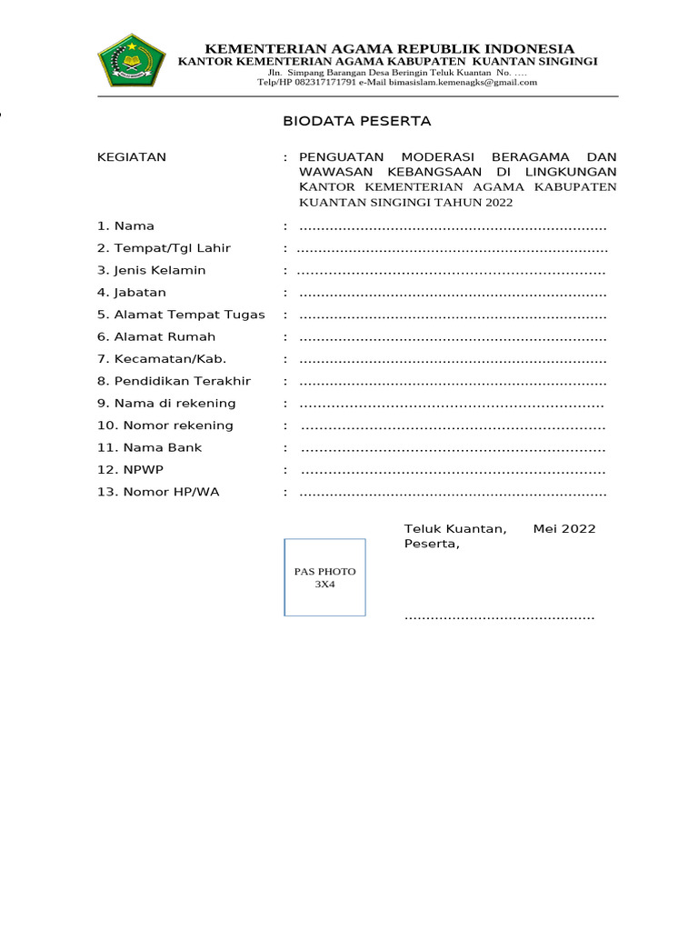 Blangko Biodata Peserta PMB | PDF