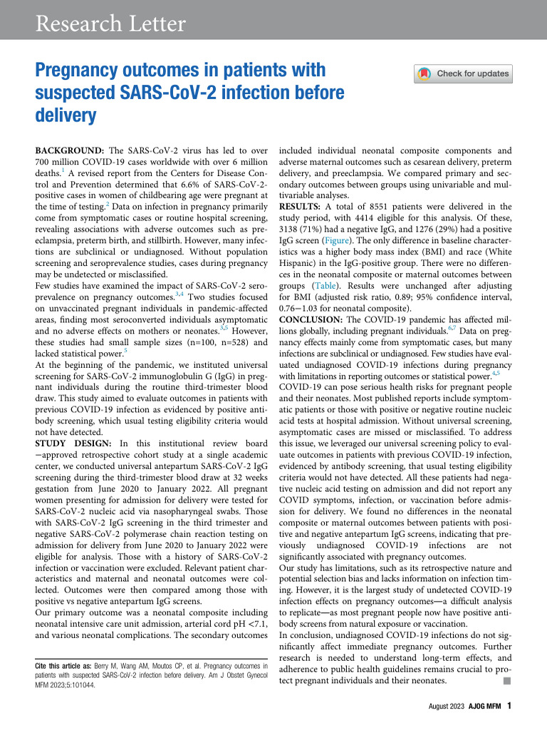 Pregnancy Outcomes in Patients With Suspected SARS | PDF | Pregnancy | Screening (Medicine)