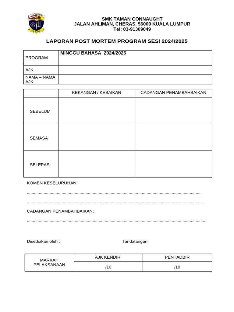 Borang Post Mortem Minggu Bahasa | PDF