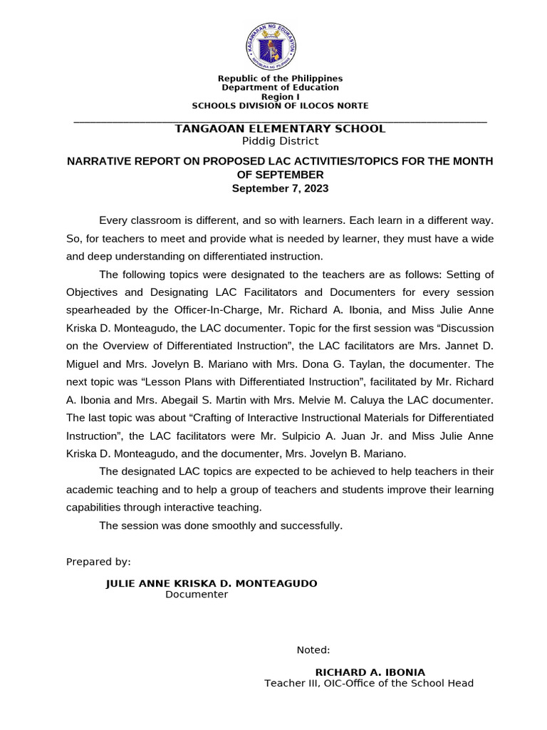 LAC report | PDF | Differentiated Instruction | Teachers