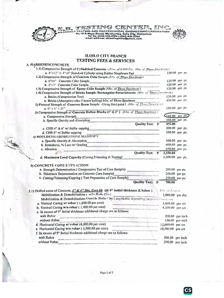 Updated Price List EB Testing | PDF