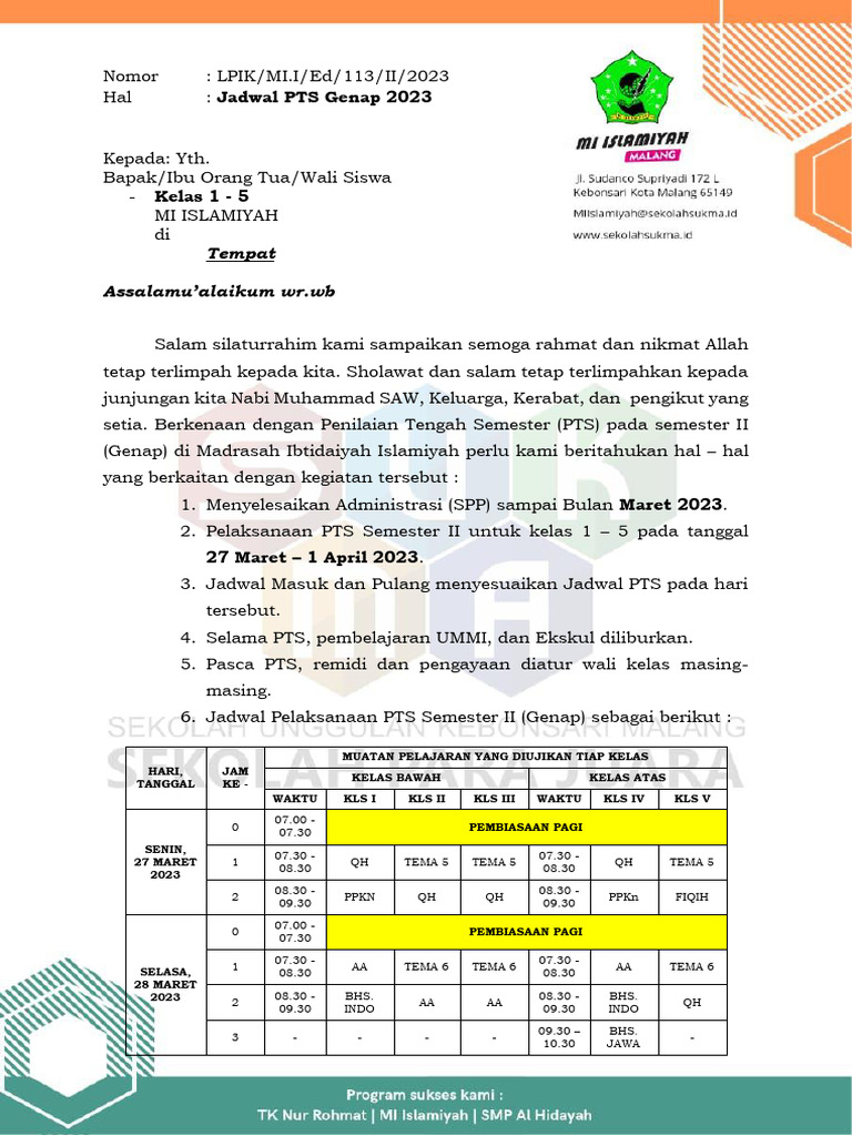 Jadwal PTS Genap MI Islamiyah 2023 | PDF