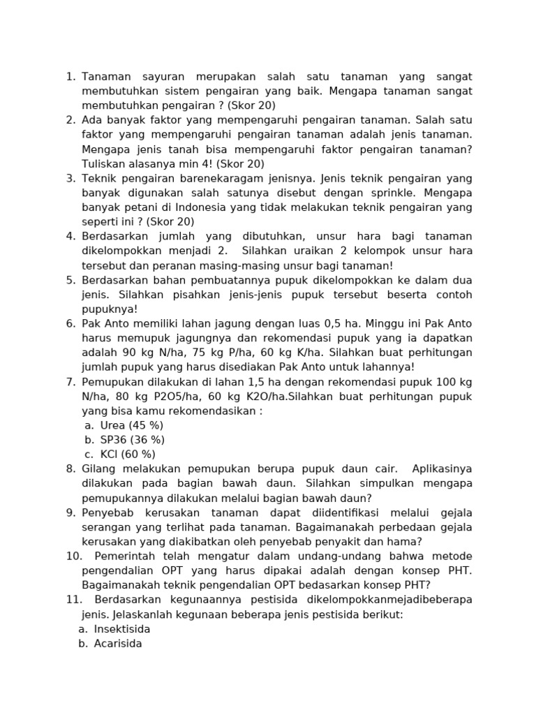Soal Pemeliharaan Tanaman | PDF | Teknologi & Rekayasa