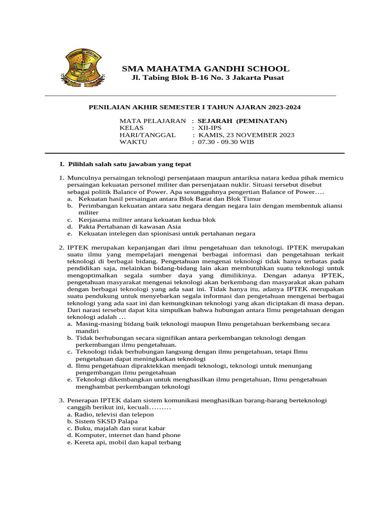 Exam Sejarah Minat Kelas XII-IPS | PDF