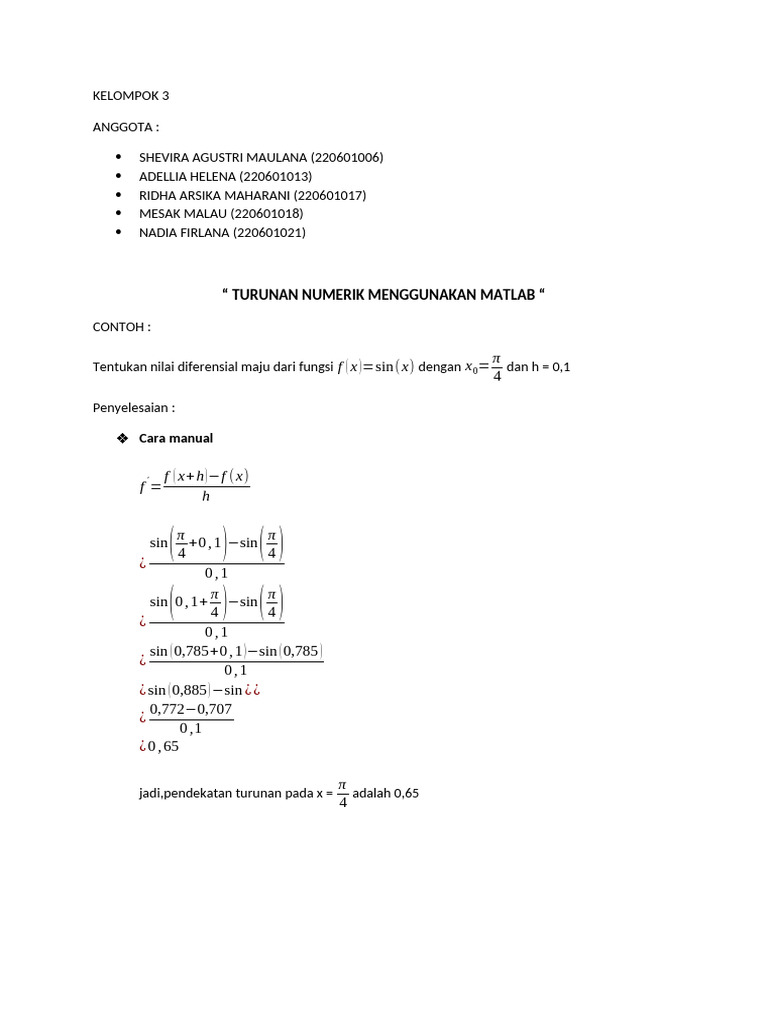 Turunan Numerik dengan MATLAB | PDF | Metode & Bahan Ajar