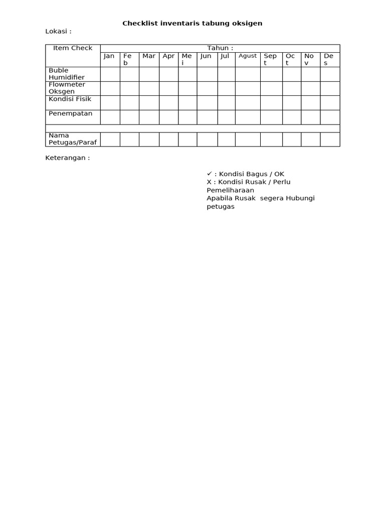 Checklist Inventaris Oksigen | PDF